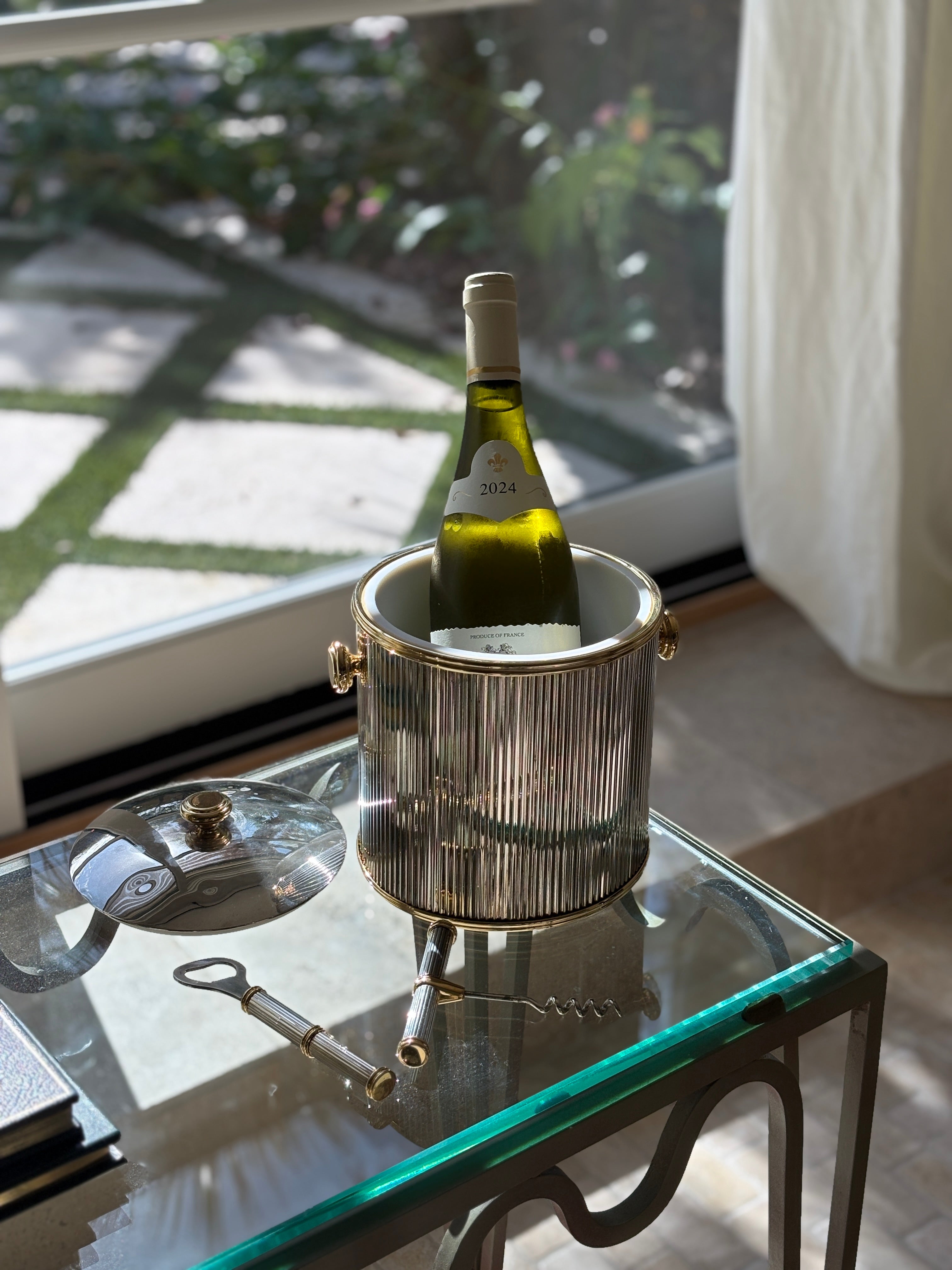 Ribbed Silver-Plated Ice Bucket with Gold Accents & Bar Tools ...